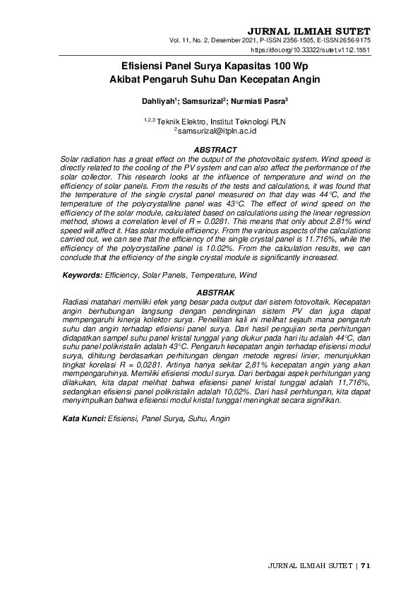 (PDF) Efisiensi Panel Surya Kapasitas 100 Wp Akibat Pengaruh Suhu Dan Kecepatan Angin