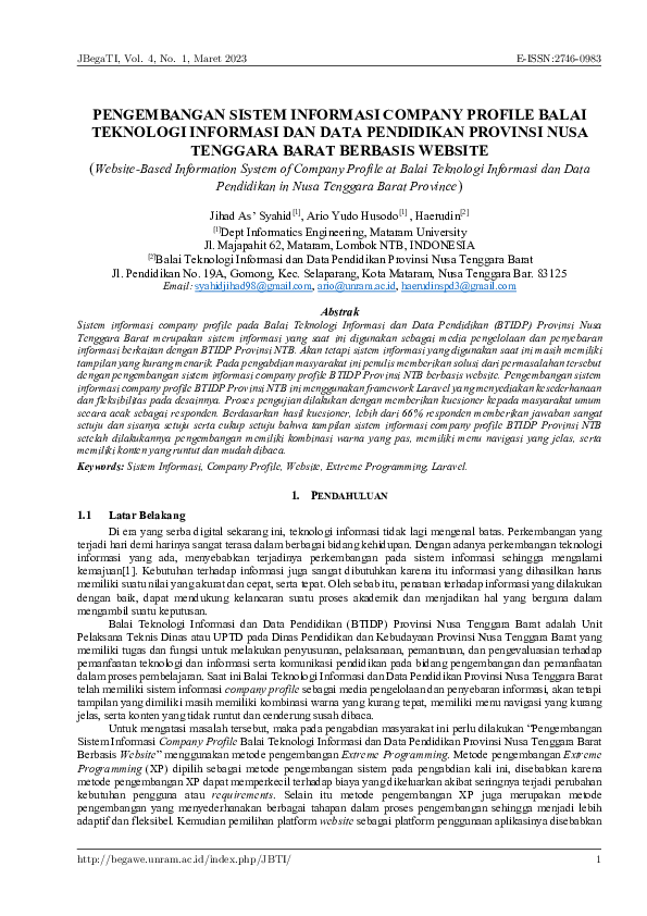 (PDF) Sistem Infromasi Company Profile Balai Teknologi Informasi dan Data Pendidikan Provinsi ...