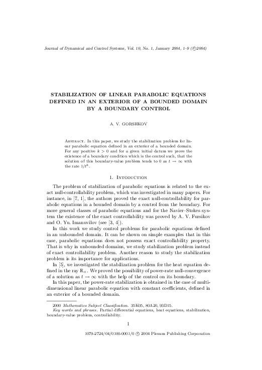 (PDF) Stabilization of Linear Parabolic Equations Defined in an Exterior of a Bounded Domain by ...