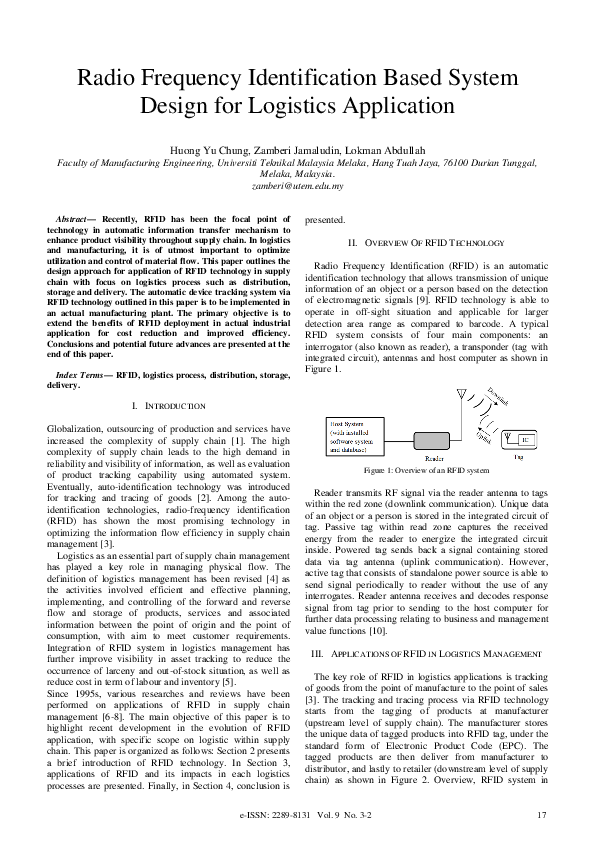 (PDF) Radio Frequency Identification Based System Design for Logistics Application