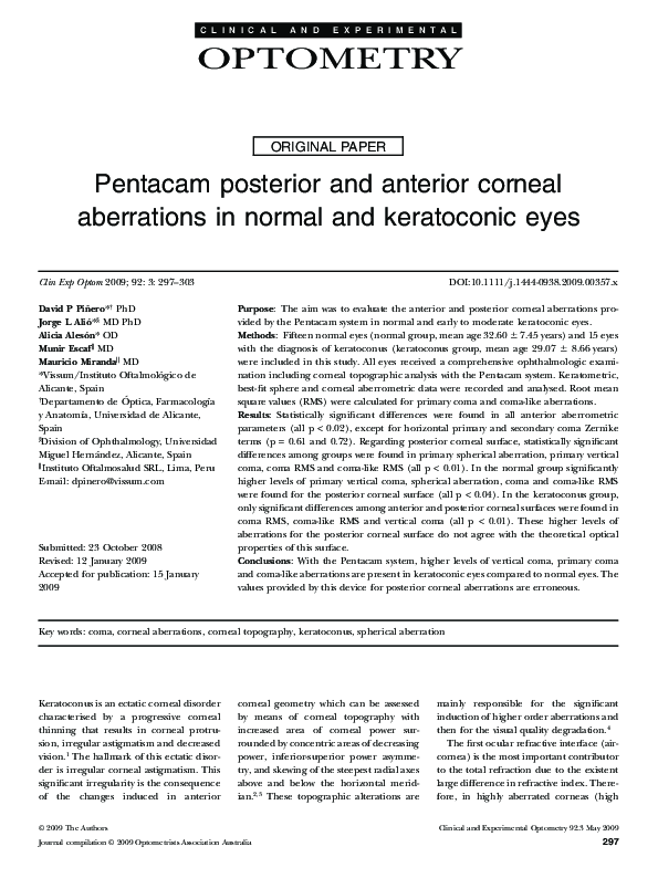 (PDF) Pentacam posterior and anterior corneal aberrations in normal and keratoconic eyes ...