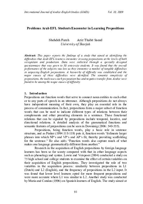 (PDF) Problems Arab EFL Students Encounter in Learning Prepositions