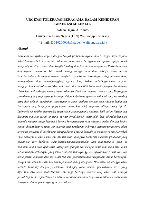 (DOC) URGENSI TOLERANSI BERAGAMA DALAM KEHIDUPAN GENERASI MILENIAL