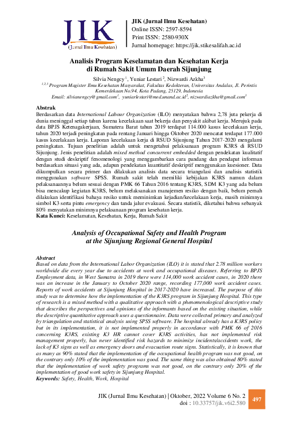 (PDF) Analisis Program Keselamatan dan Kesehatan Kerja di Rumah Sakit Umum Daerah Sijunjung