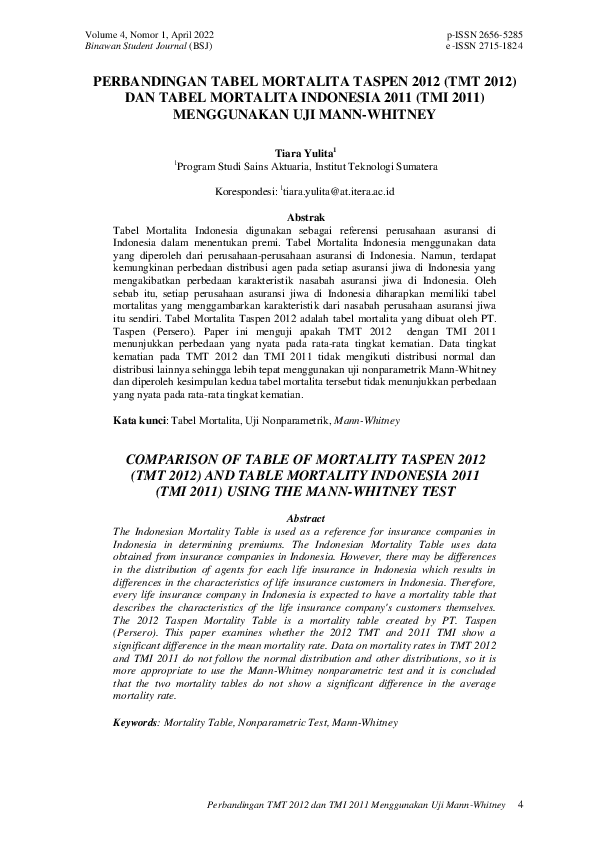 (PDF) Perbandingan Tabel Mortalita Taspen 2012 (TMT 2012) Dan Tabel Mortalita Indonesia 2011 ...