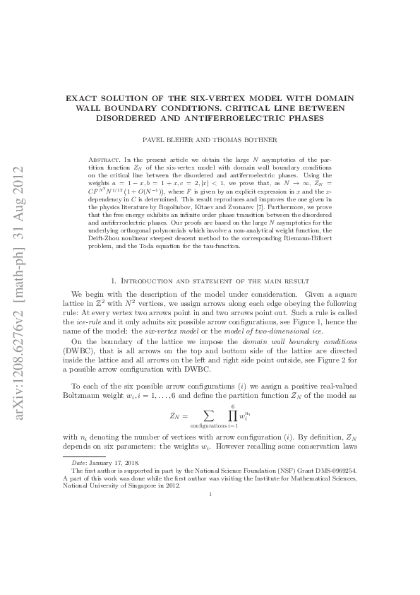 (PDF) Exact Solution of the Six-Vertex Model with Domain Wall Boundary ...
