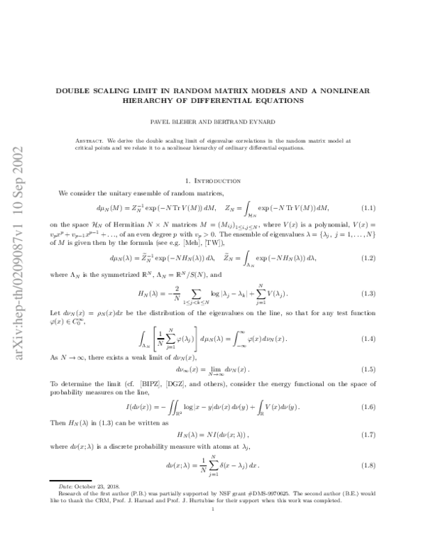 (PDF) Double scaling limit in the random matrix model: The Riemann-Hilbert approach | Pavel ...