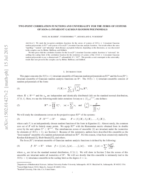 (PDF) Two-Point Correlation Functions and Universality for the Zeros of Systems of SO(n+1 ...