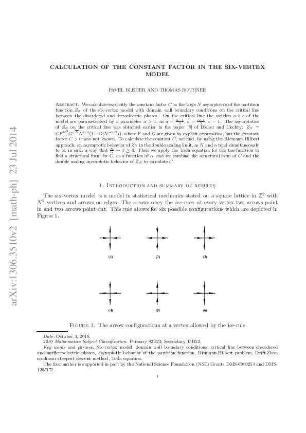 (PDF) Calculation of the constant factor in the six-vertex model ...