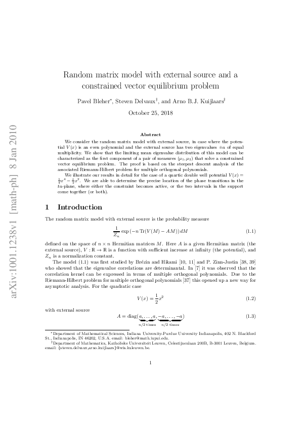 (PDF) Random matrix model with external source and a constrained vector equilibrium problem