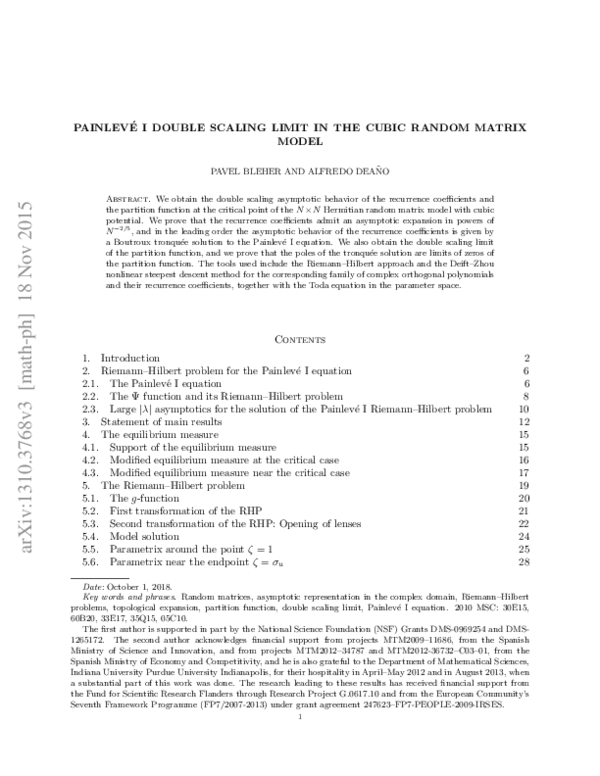 (PDF) Painlevé I double scaling limit in the cubic random matrix model | Pavel Bleher - Academia.edu