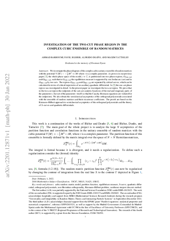 (PDF) Investigation of the two-cut phase region in the complex cubic ensemble of random matrices