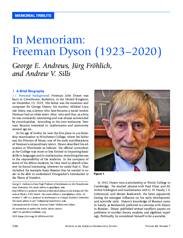 (PDF) In Memoriam: Freeman Dyson (1923–2020)