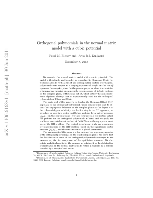 (PDF) Orthogonal polynomials in the normal matrix model with a cubic ...