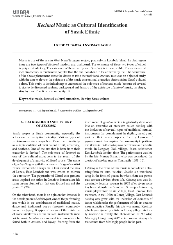 (PDF) Kecimol Music As Cultural Identification Of Sasak Ethnic | I Gede ...