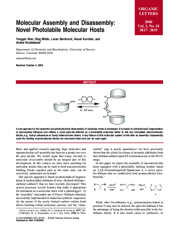(PDF) Molecular Assembly and Disassembly: Novel Photolabile Molecular Hosts