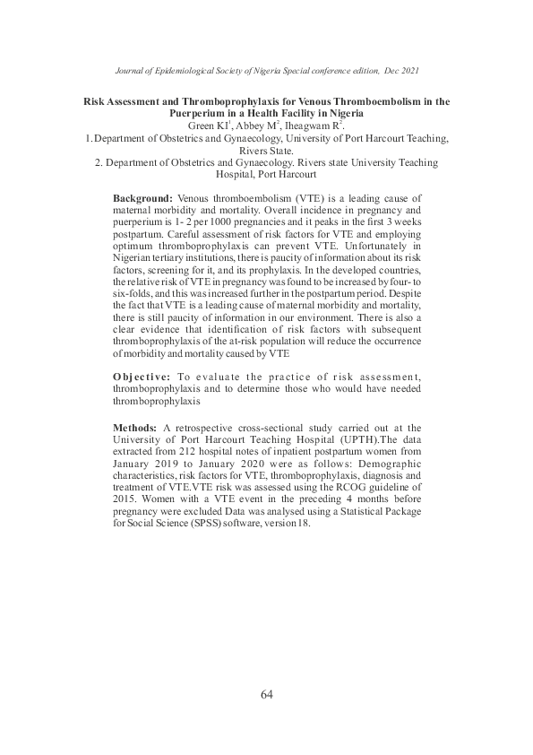 (PDF) Risk Assessment and Thromboprophylaxis for Venous Thromboembolism in the Puerperium in a ...