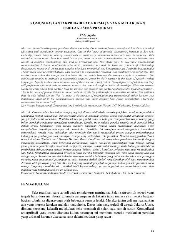 (PDF) Komunikasi Antarpribadi Pada Remaja Yang Melakukan Perilaku Seks Pranikah