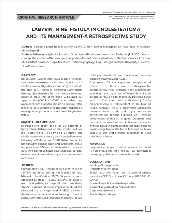 (PDF) Labyrinthine Fistula in Cholesteatoma and Its Management-A ...