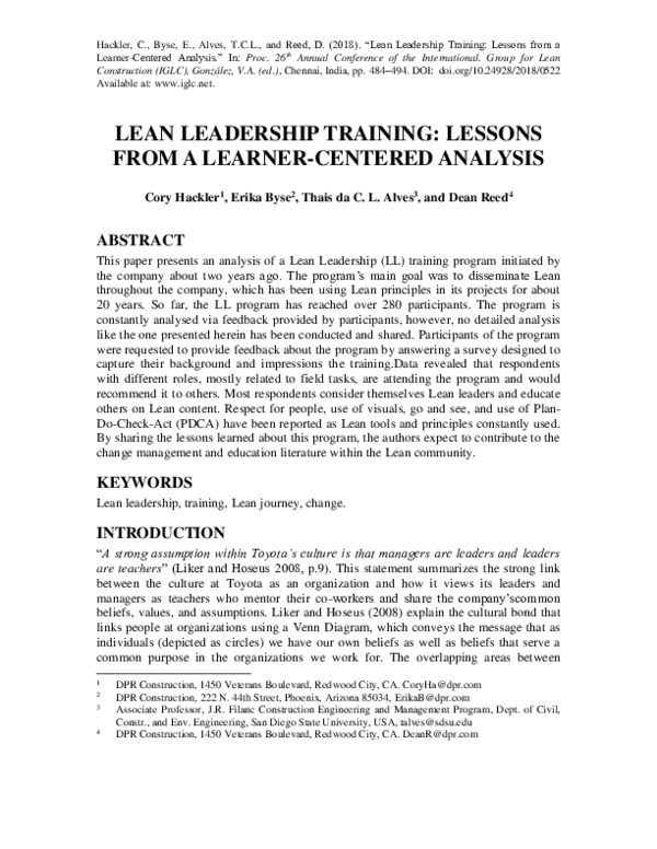 (PDF) Lean Leadership Training: Lessons From a Learner-Centered Analysis