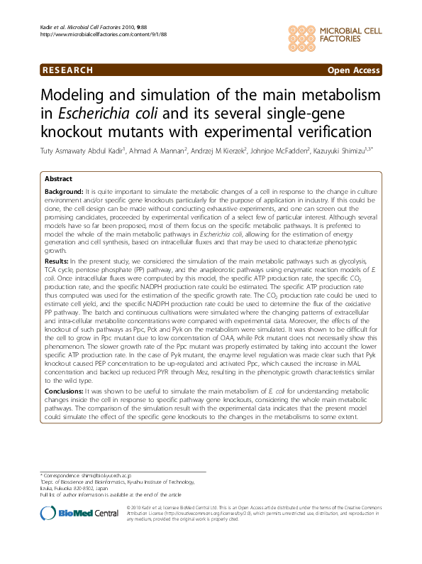 (PDF) Modeling and simulation of the main metabolism in Escherichia coli and its several single ...