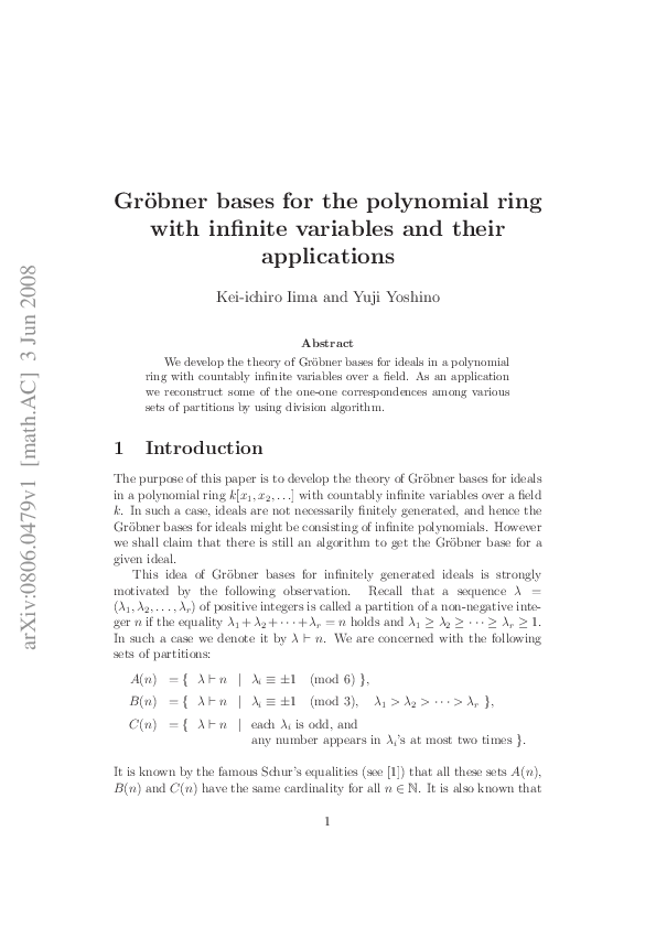 (PDF) Groebner bases for the polynomial ring with infinite variables and their applications