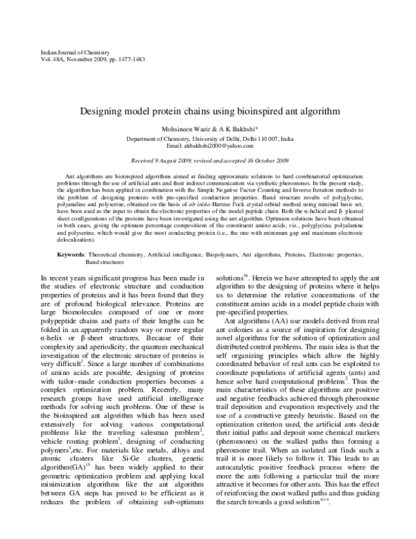 Pdf Designing Model Protein Chains Using Bioinspired Ant Algorithm