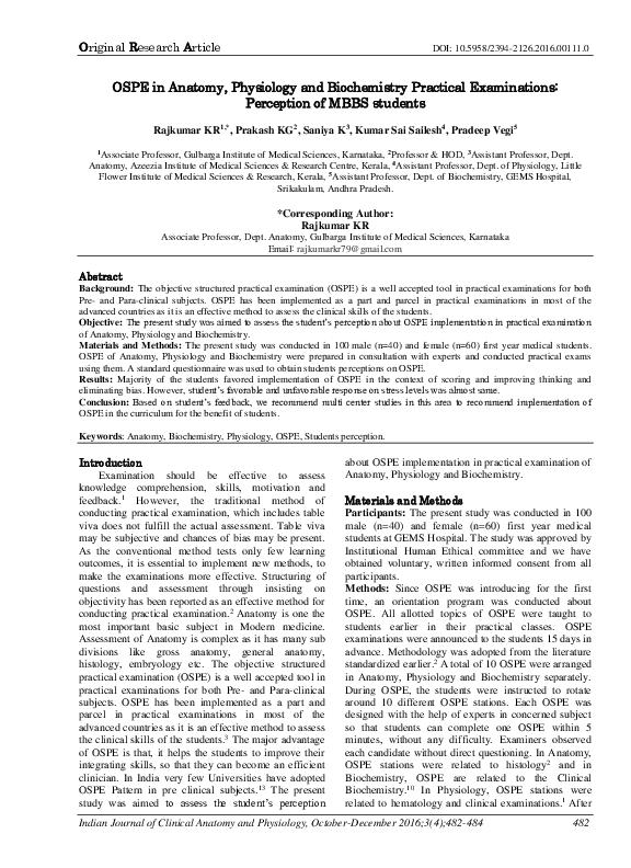 (PDF) OSPE in Anatomy, Physiology and Biochemistry Practical Examinations: Perception of MBBS ...