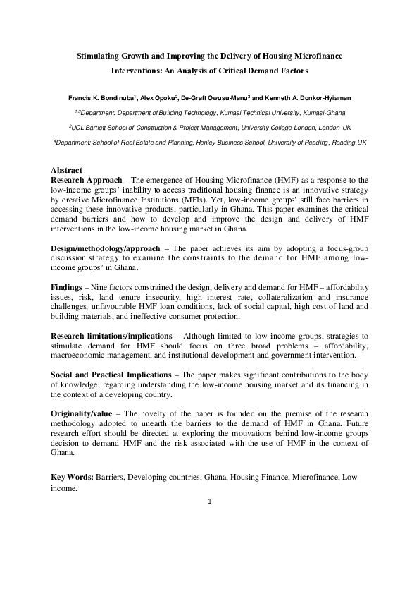 (PDF) Stimulating growth and improving the delivery of housing microfinance interventions
