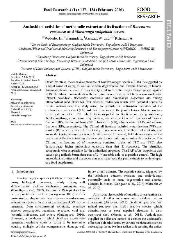 (PDF) Antioxidant activities of methanolic extract and its fractions of Baccaurea racemosa and ...
