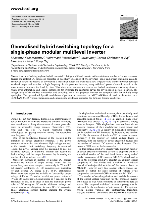 (PDF) Generalised hybrid switching topology for a single‐phase modular multilevel inverter