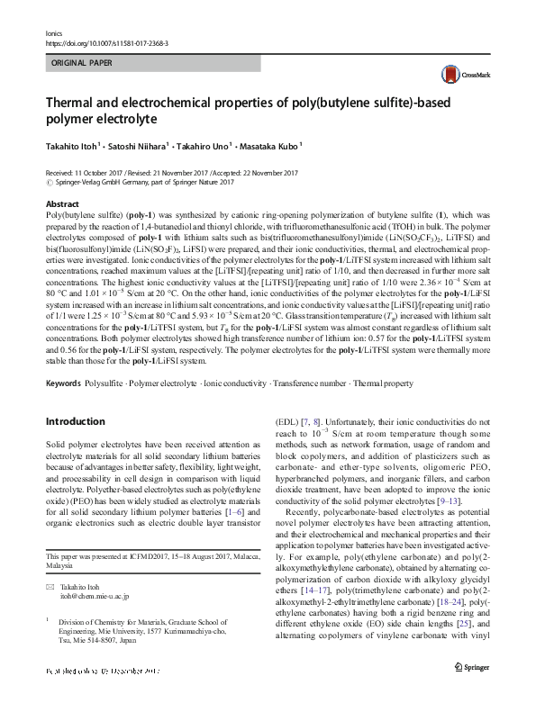 (PDF) Thermal and electrochemical properties of poly(butylene sulfite)-based polymer electrolyte ...