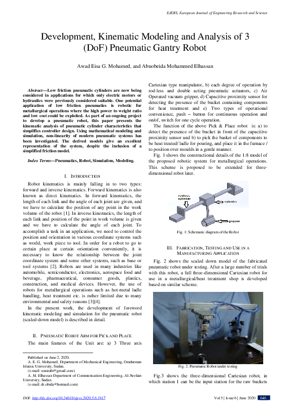 (PDF) Development, Kinematic Modeling and Analysis of 3 (DoF) Pneumatic Gantry Robot