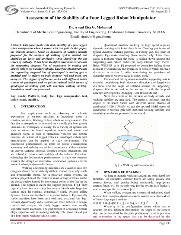 (PDF) Assessment of the Stability of a Four Legged Robot Manipulator