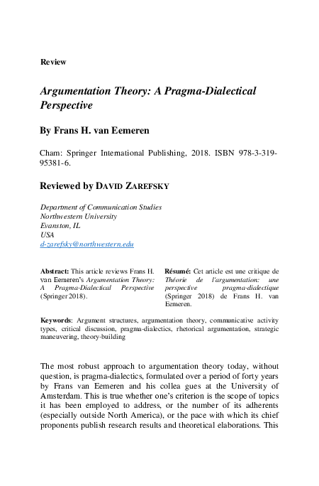 Pdf Review Of Argumentation Theory A Pragma Dialectical Perspective