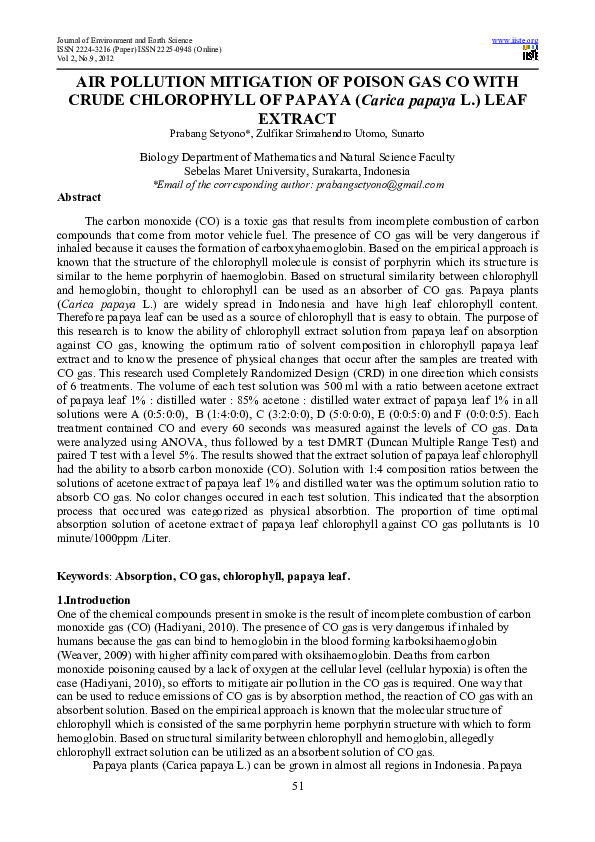 (PDF) AIR POLLUTION MITIGATION OF POISON GAS CO WITH CRUDE CHLOROPHYLL ...