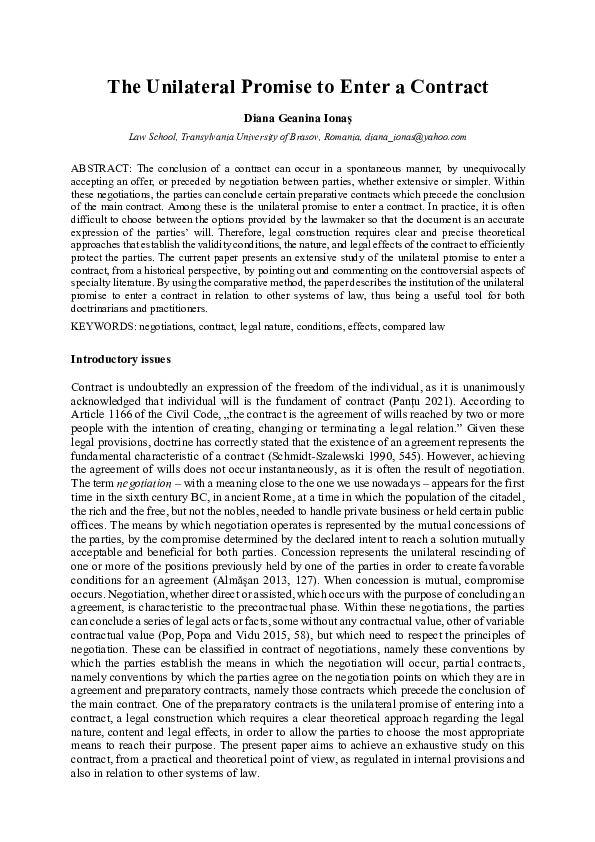 (PDF) The Unilateral Promise to Enter a Contract