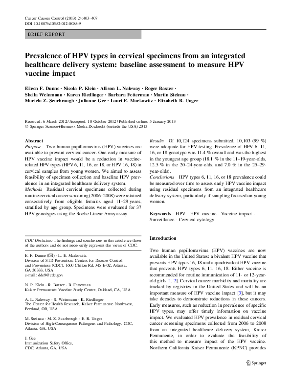 (PDF) Prevalence of HPV types in cervical specimens from an integrated ...