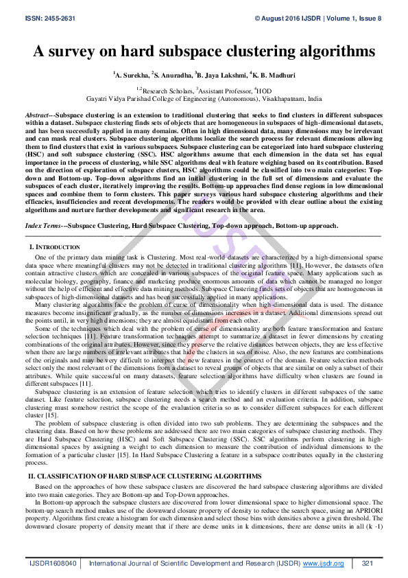 (PDF) A survey on hard subspace clustering algorithms