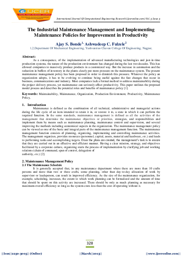 (PDF) The Industrial Maintenance Management and Implementing Maintenance Policies for ...