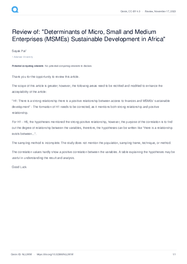 (PDF) Review of: "Determinants of Micro, Small and Medium Enterprises (MSMEs) Sustainable ...