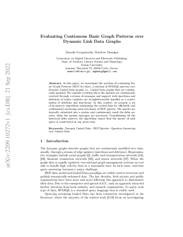 (PDF) Evaluating Continuous Basic Graph Patterns over Dynamic Link Data Graphs