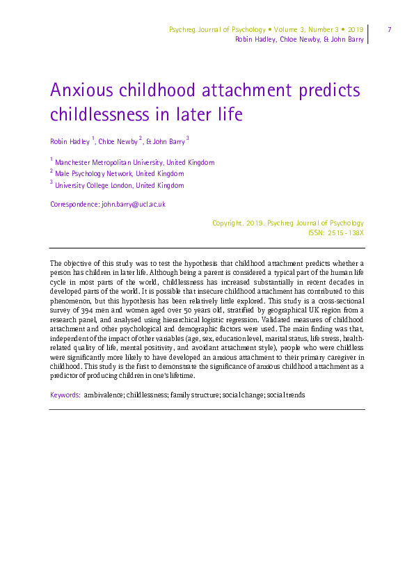 (PDF) Anxious childhood attachment predicts childlessness in later life