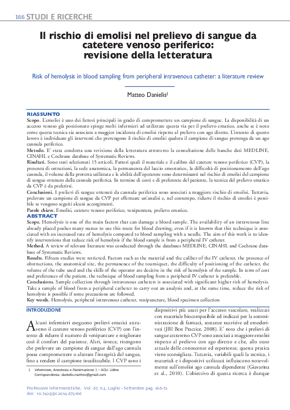 (PDF) Il rischio di emolisi nel prelievo di sangue da catetere venoso ...
