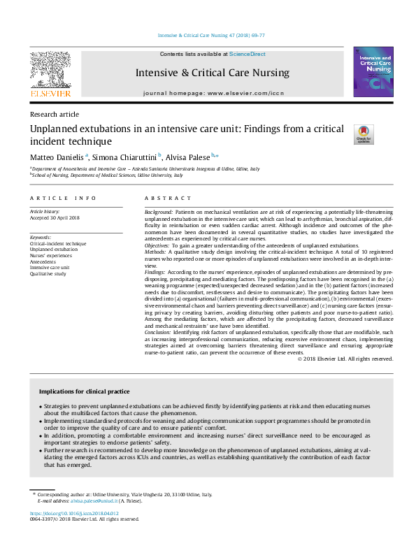 (PDF) Unplanned extubations in an intensive care unit: Findings from a critical incident technique