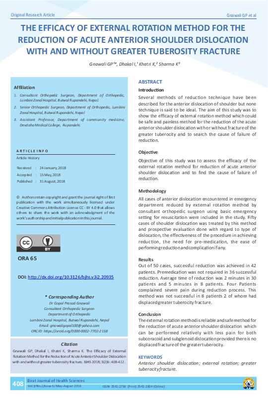 (PDF) The Efficacy of External Rotation Method for The Reduction of ...