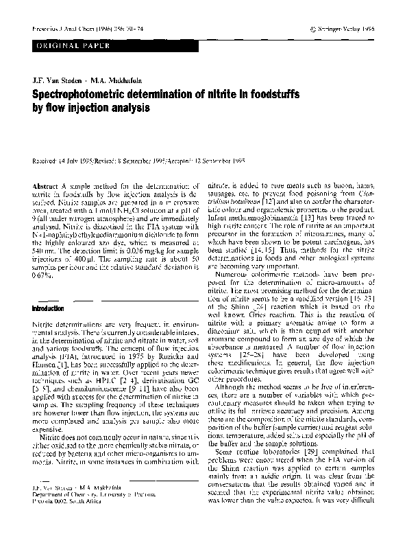 Pdf Spectrophotometric Determination Of Nitrite In Foodstuffs By Flow Injection Analysis