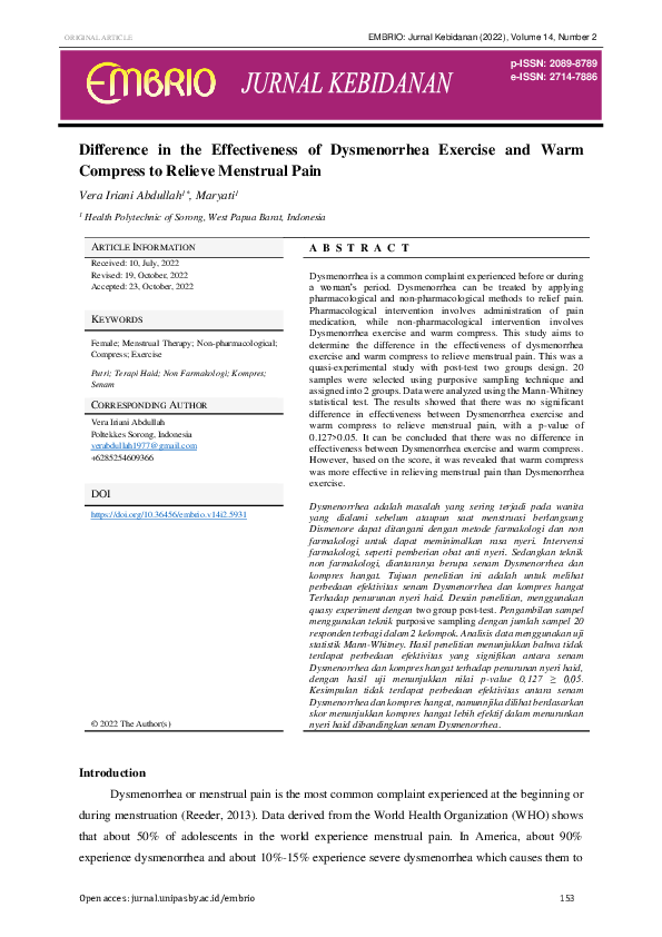 (PDF) Difference in the Effectiveness of Dysmenorrhea Exercise and Warm ...
