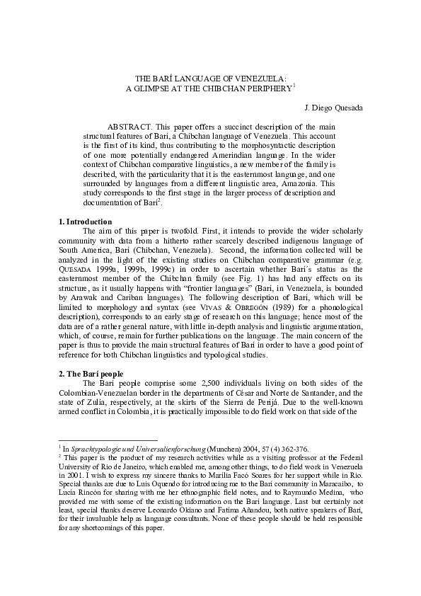 (PDF) The Barí language of Venezuela: a glimpse at the Chibchan periphery