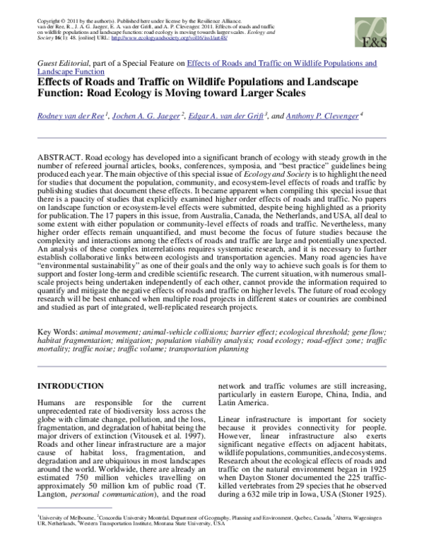 (PDF) Effects of Roads and Traffic on Wildlife Populations and ...